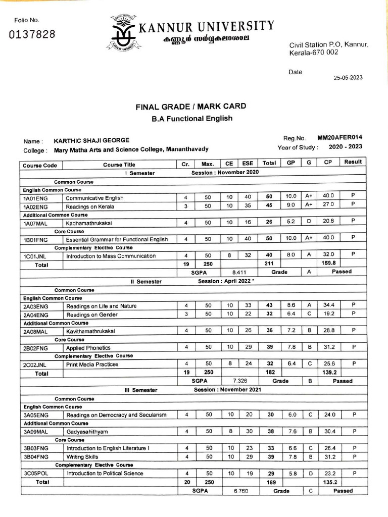 Degree Marks Card - Compressed | PDF | Human Communication | Linguistics