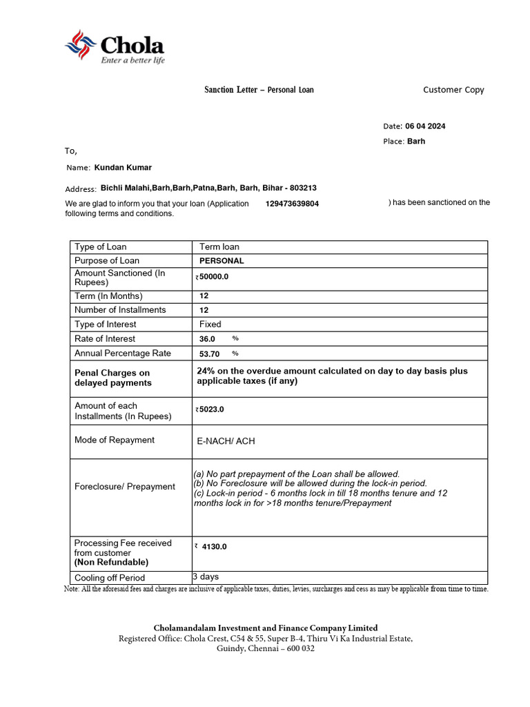 Loan Sanction-Letter With Kfs | PDF | Loans | Interest