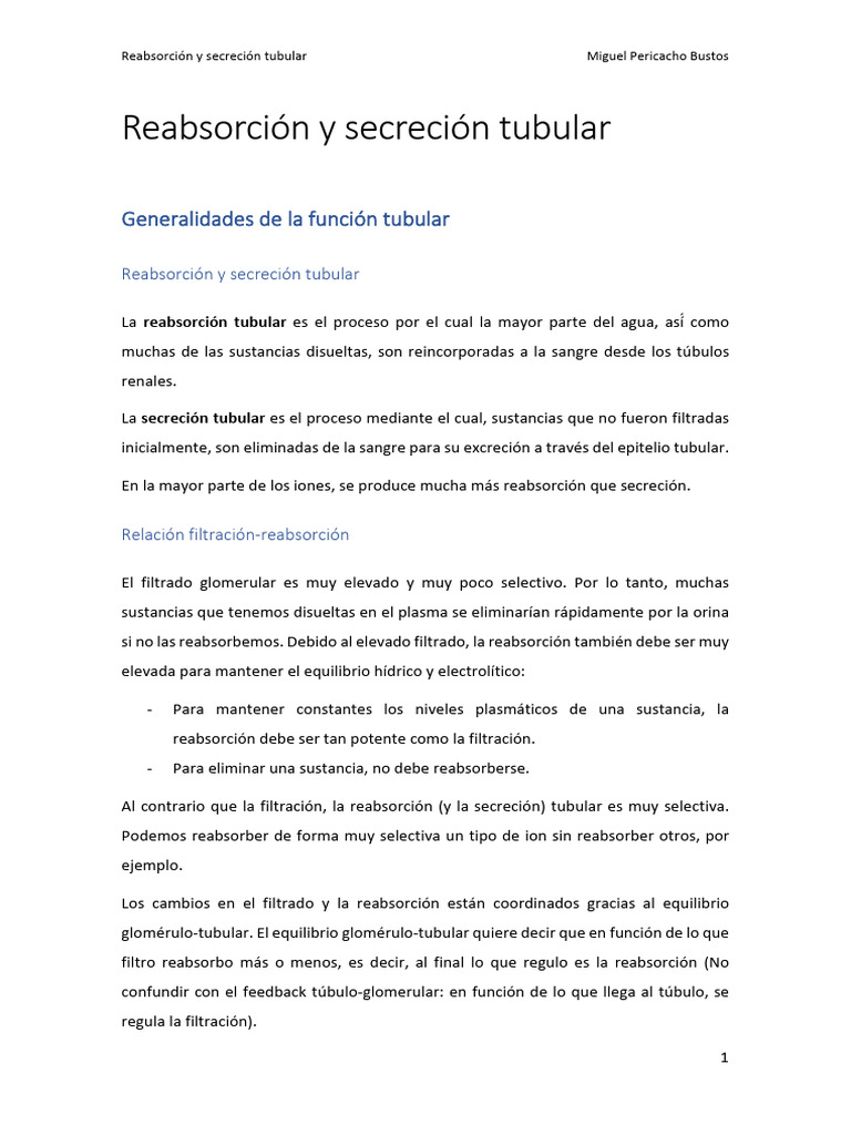 Resumen Del Tema 3 - Reabsorción y Secreción Tubular | PDF | Riñón