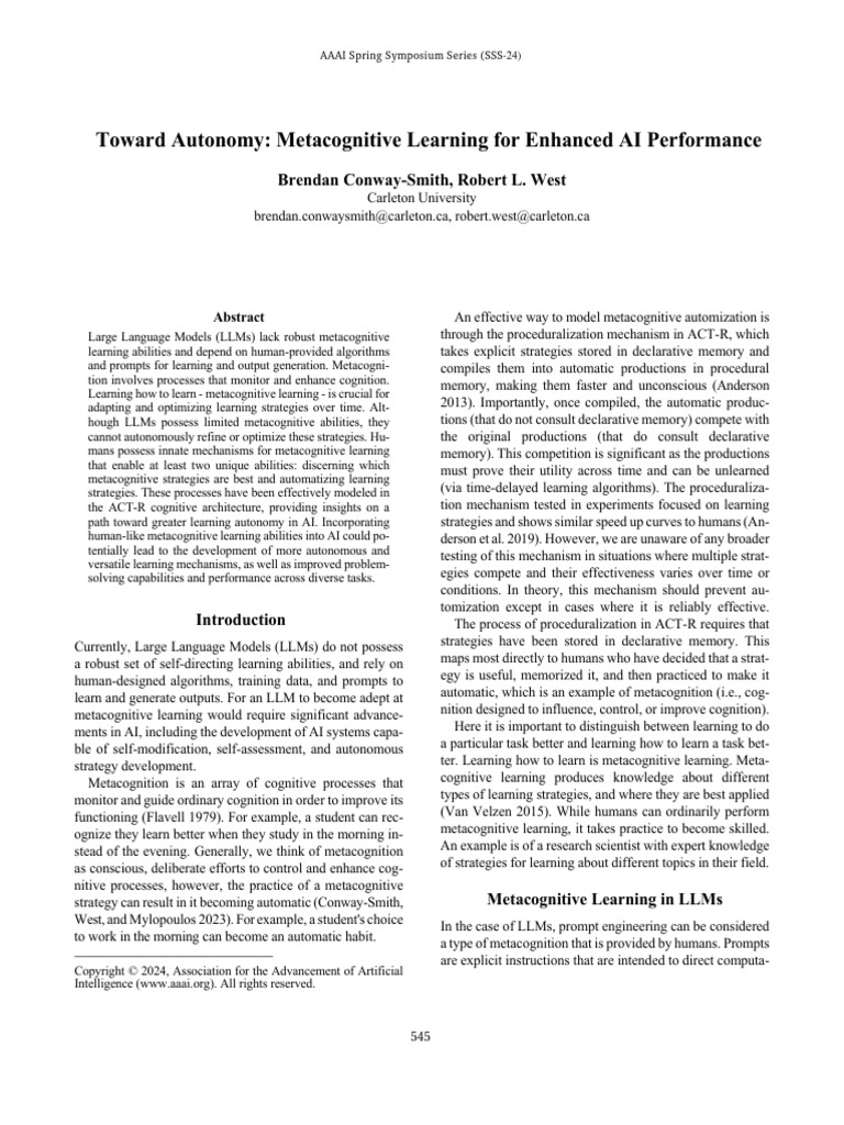 Towards Autonomy Metacognitive Learning | PDF | Metacognition | Learning