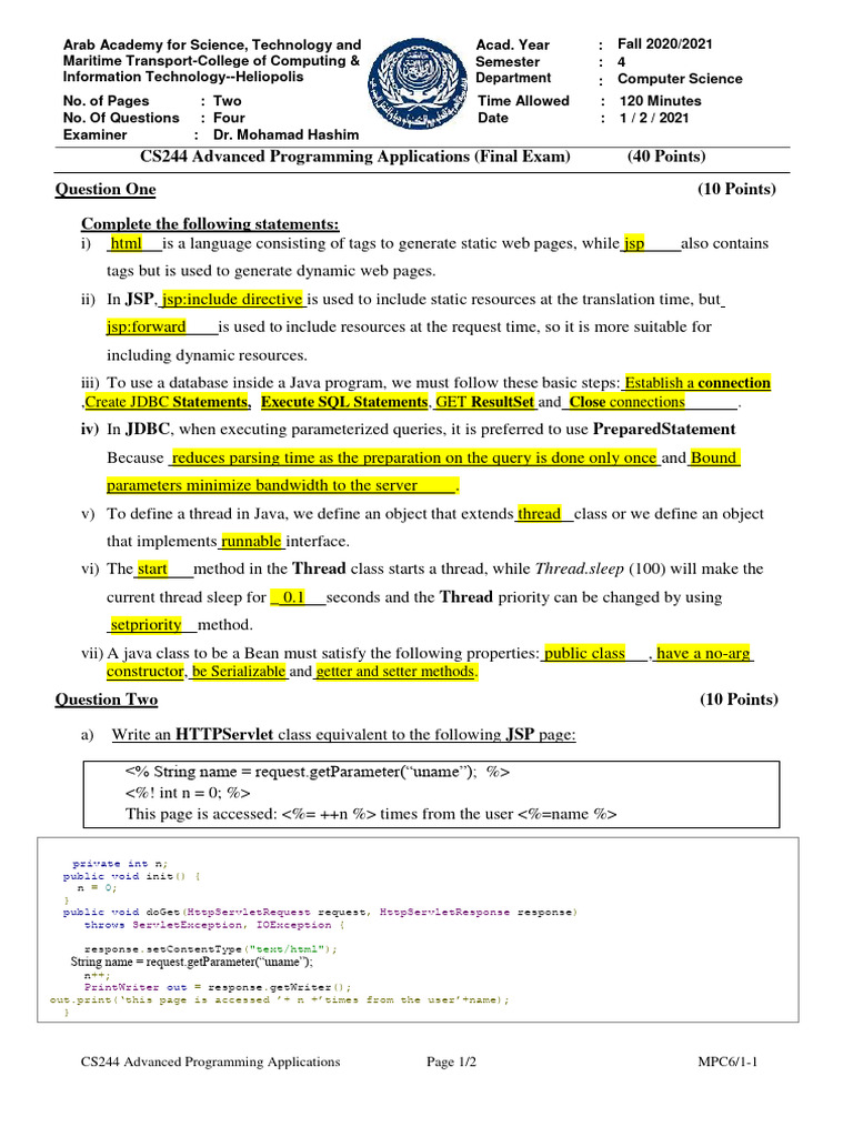 CS244 Advanced Programming Exam Guide | PDF | Software Development ...