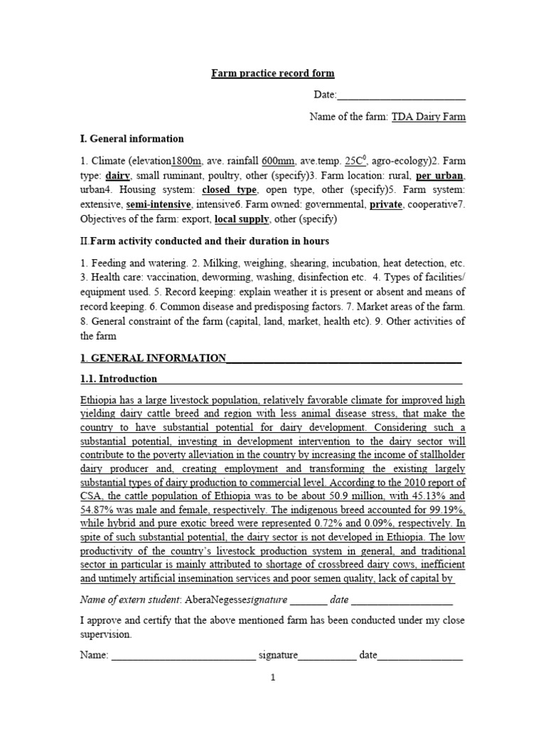 Farm Experience Form | PDF | Dairy Cattle | Cattle