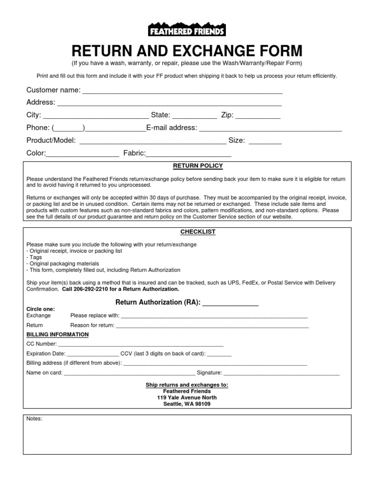 Return and Exchange Form Template | PDF