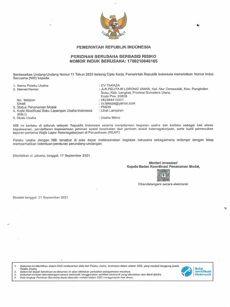 NIB CV. Takaza | PDF