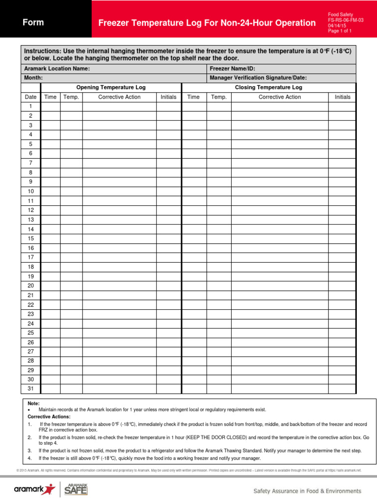 Freezer Temperature Log For Non-24-Hour Operation | PDF | Refrigerator ...