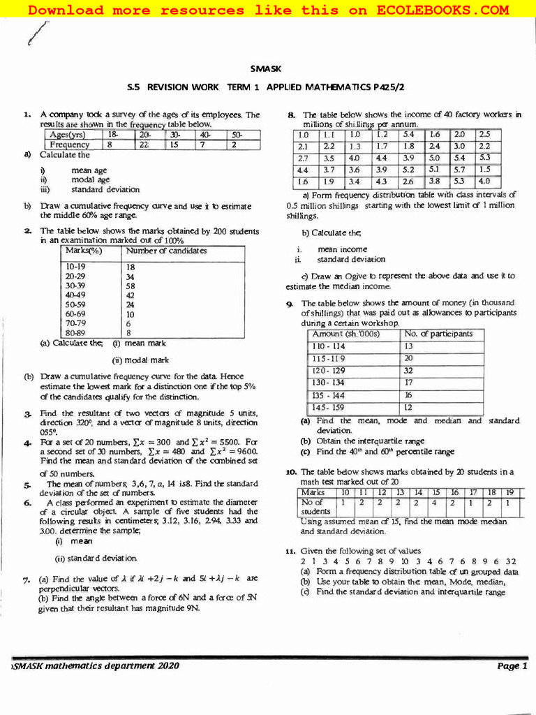 Kitende S5 Applied MTC HW Revision Past Papers | PDF | Mean | Mode ...