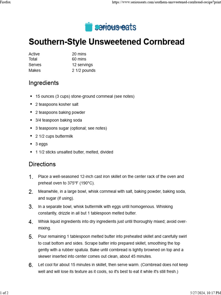 Southern Unsweetened Cornbread Recipe | PDF | Cuisine | Cooking