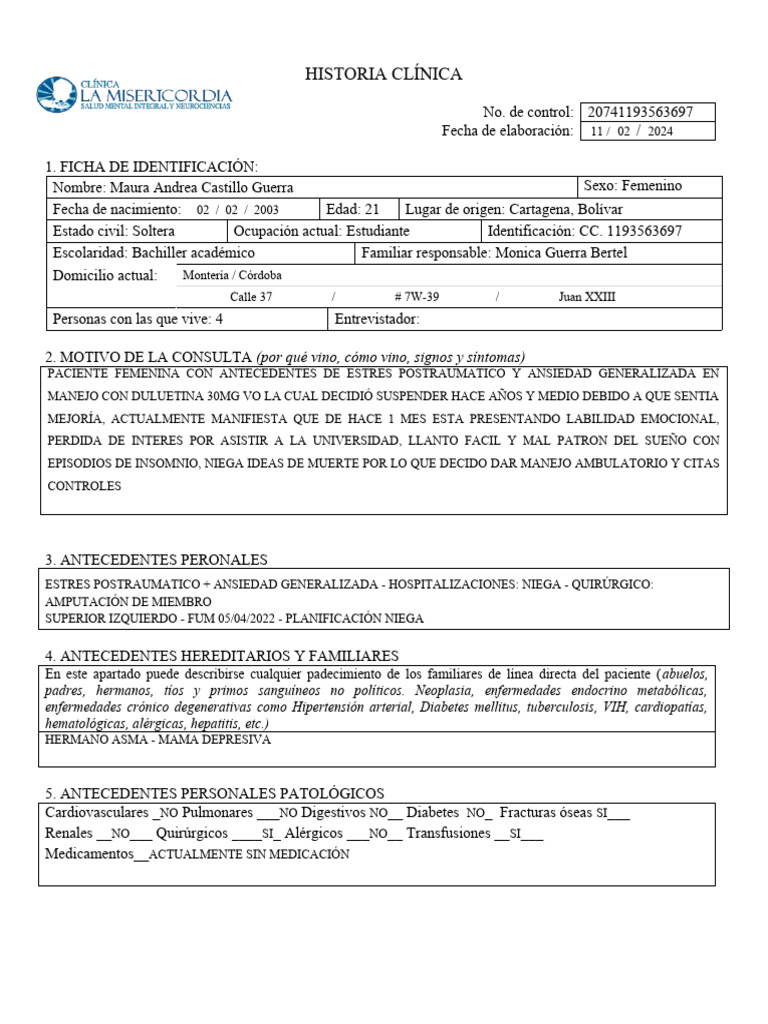 Historia Clínica de Maura Castillo | PDF | Ansiedad | Depresión (estado ...