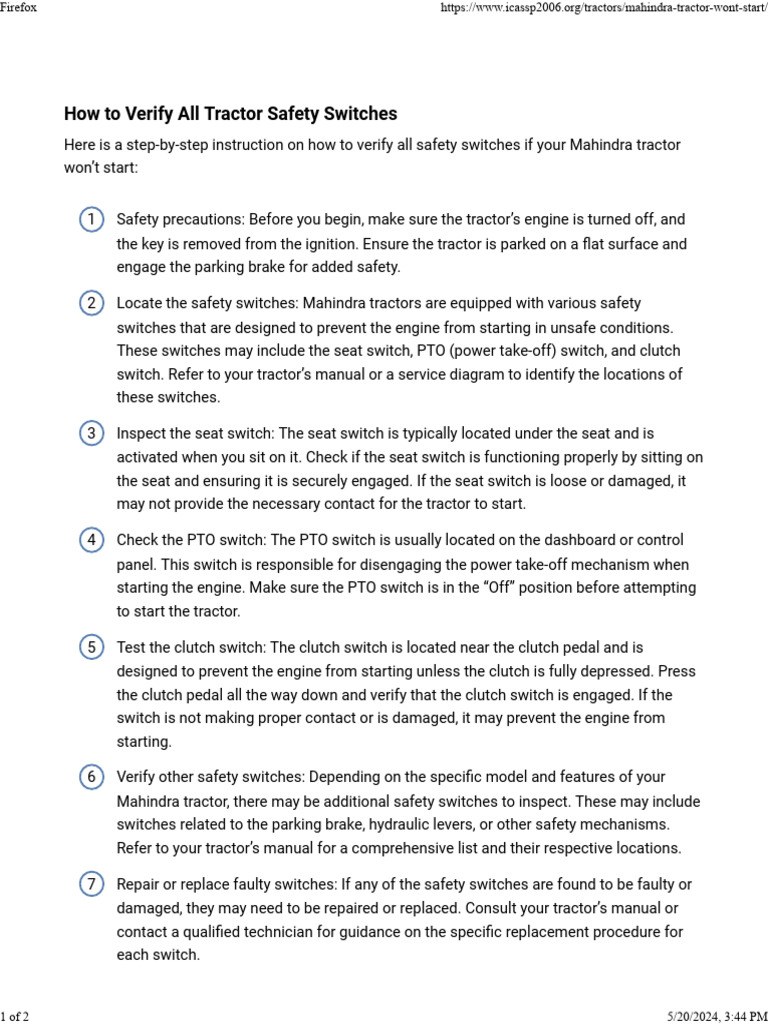 Mahindra Tractor SAFETY SWITCHES - Tractor Troubleshooting Guides | PDF ...