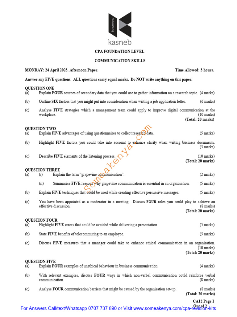 Communication Skills Past Papers 2022-2023 | PDF | Communication ...