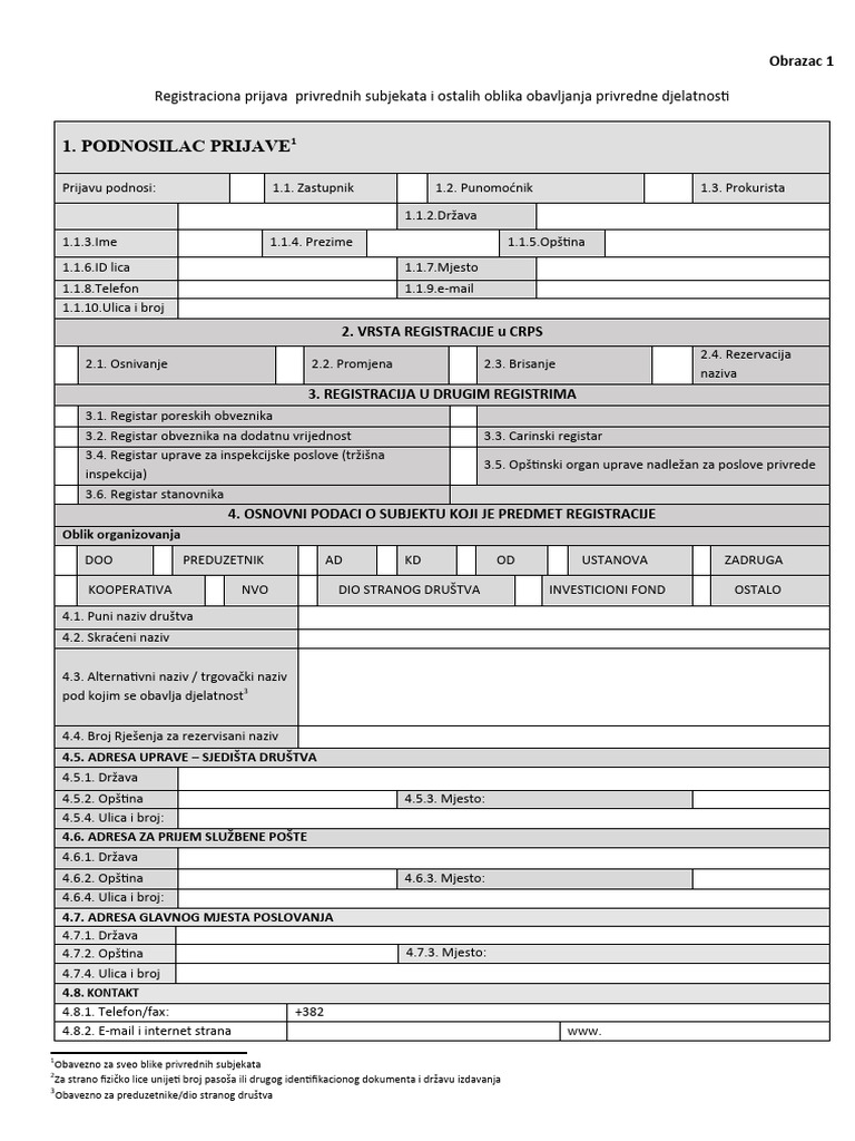 Podnosilac Prijave: Registraciona Prijava Privrednih Subjekata I Ostalih Oblika Obavljanja ...