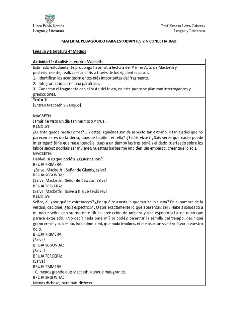 Actividades para Estudiantes Sin Internet 4°medios | PDF | Macbeth