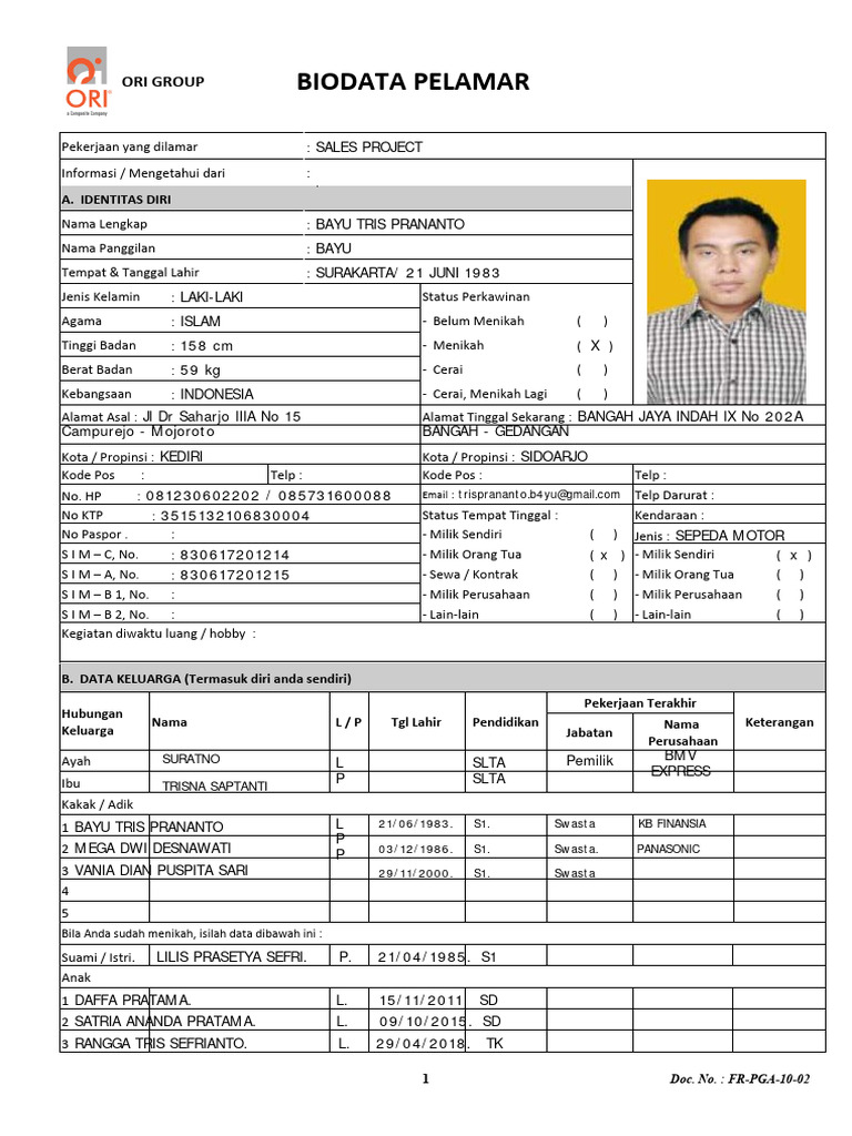 Biodata Pelamar Kerja ORI Group | PDF