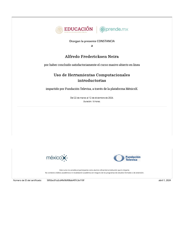 Certificado FT UDHC24024X - MéxicoX-USO DE HERRAMIENTAS COMPUTACIONALES | PDF | Crecimiento ...