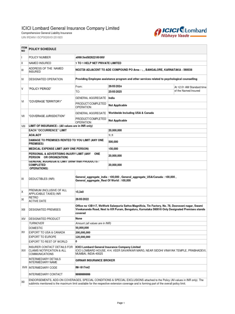 Policy Schedule | PDF | Insurance | Liability Insurance