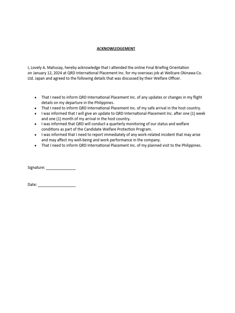 Overseas Job Orientation Acknowledgement | PDF | Finance & Money Management