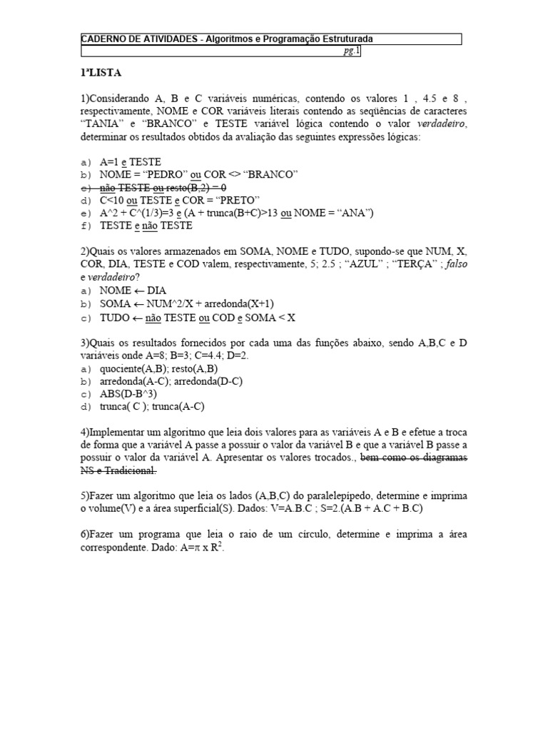 Caderno De Atividades Algoritmos Download Grátis Pdf Roupas