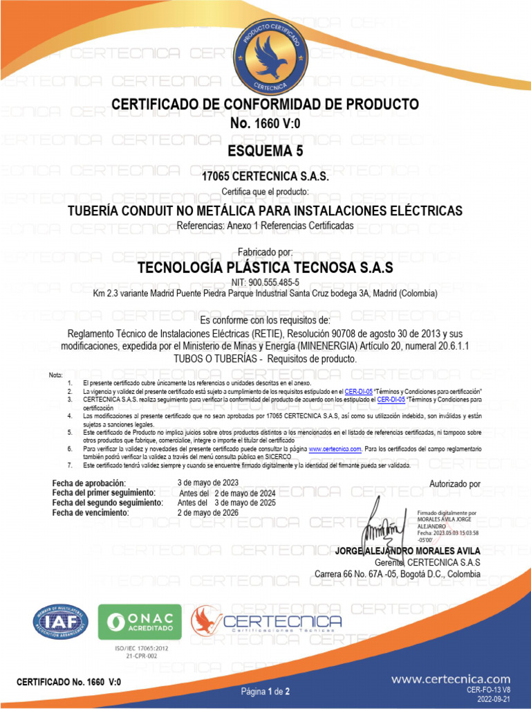 Certificado Tuberia SCH40 Tecnosa | PDF