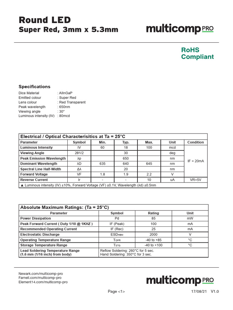 Round LED: Super Red, 3mm X 5.3mm | PDF | Spectral Line | License
