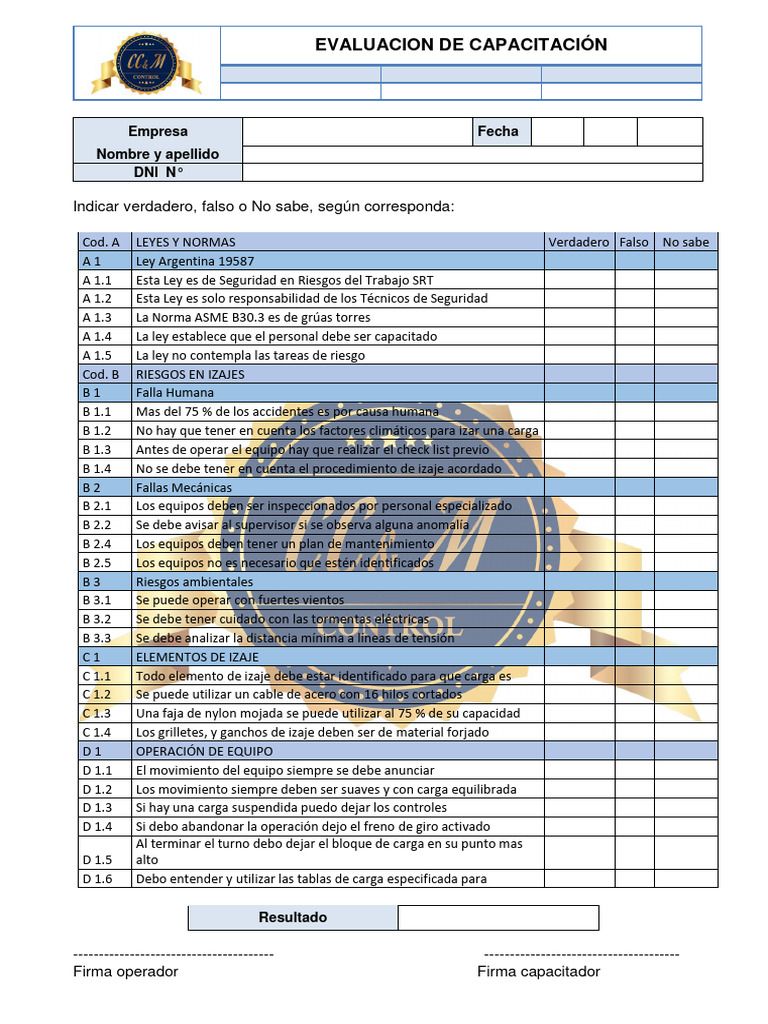 PG03-RQ06 - Evaluación de Capacitación Grúa Torre | PDF