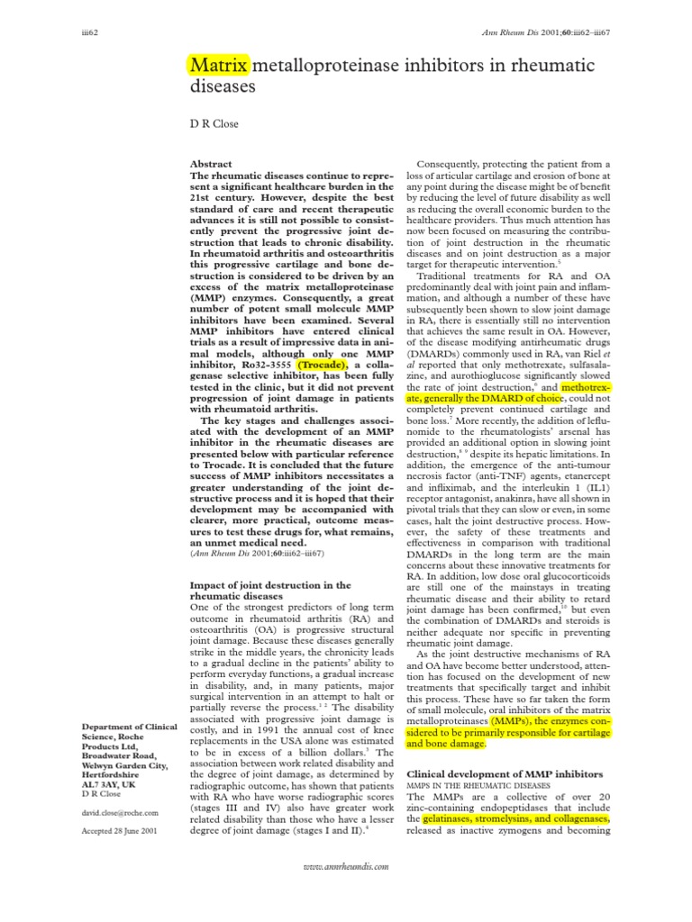 Matrix Metalloproteinase Inhibitors in Rheumatic Diseases: D R Close ...