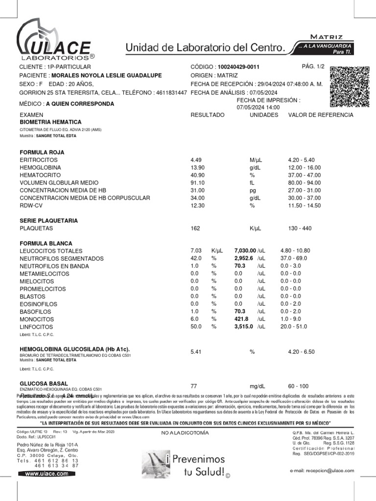 Resultados de Laboratorio | PDF | Sangre | Tejido (biología)