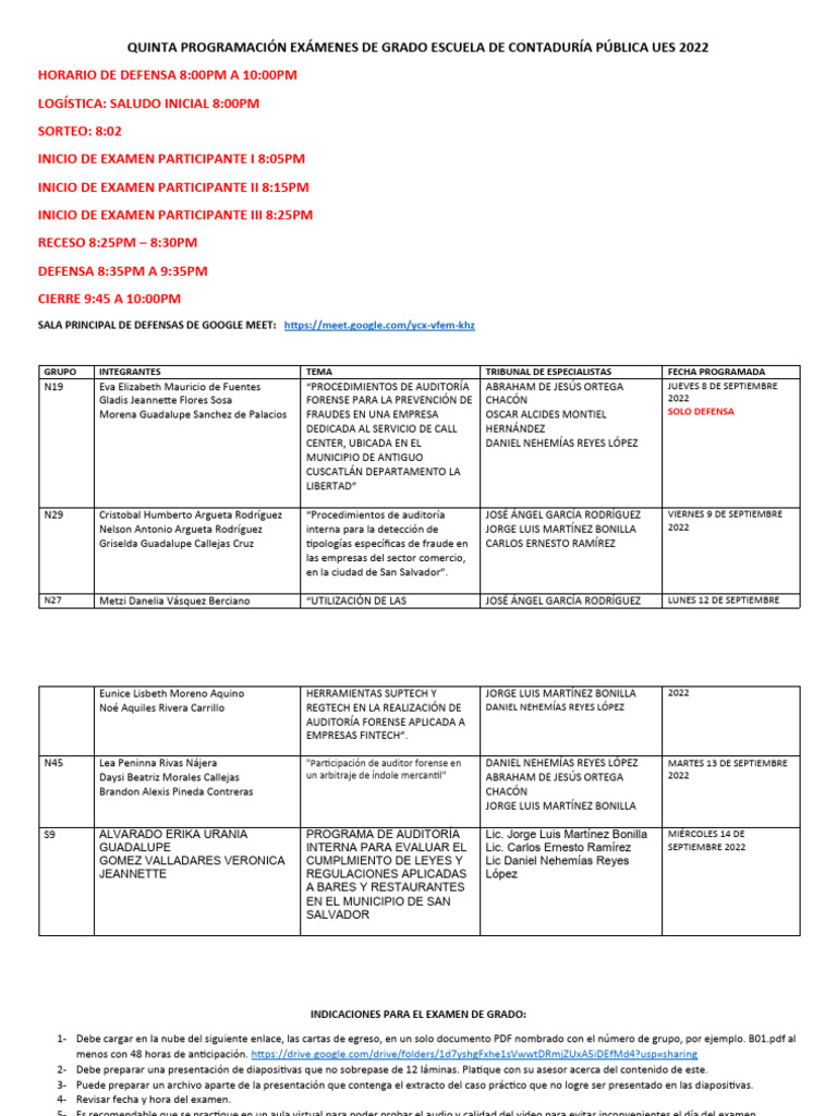Quinta Programación Exámenes Especialidades Ecp 2022 | PDF