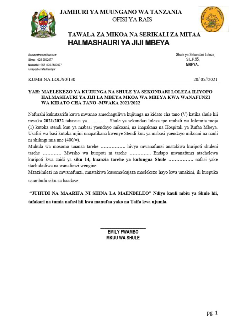 Loleza S.S - Joining Instruction - 2021 | PDF