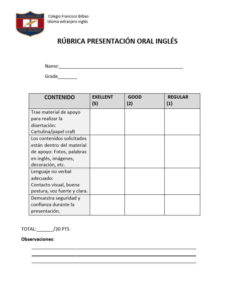 Rúbrica Presentación Oral Inglés | PDF