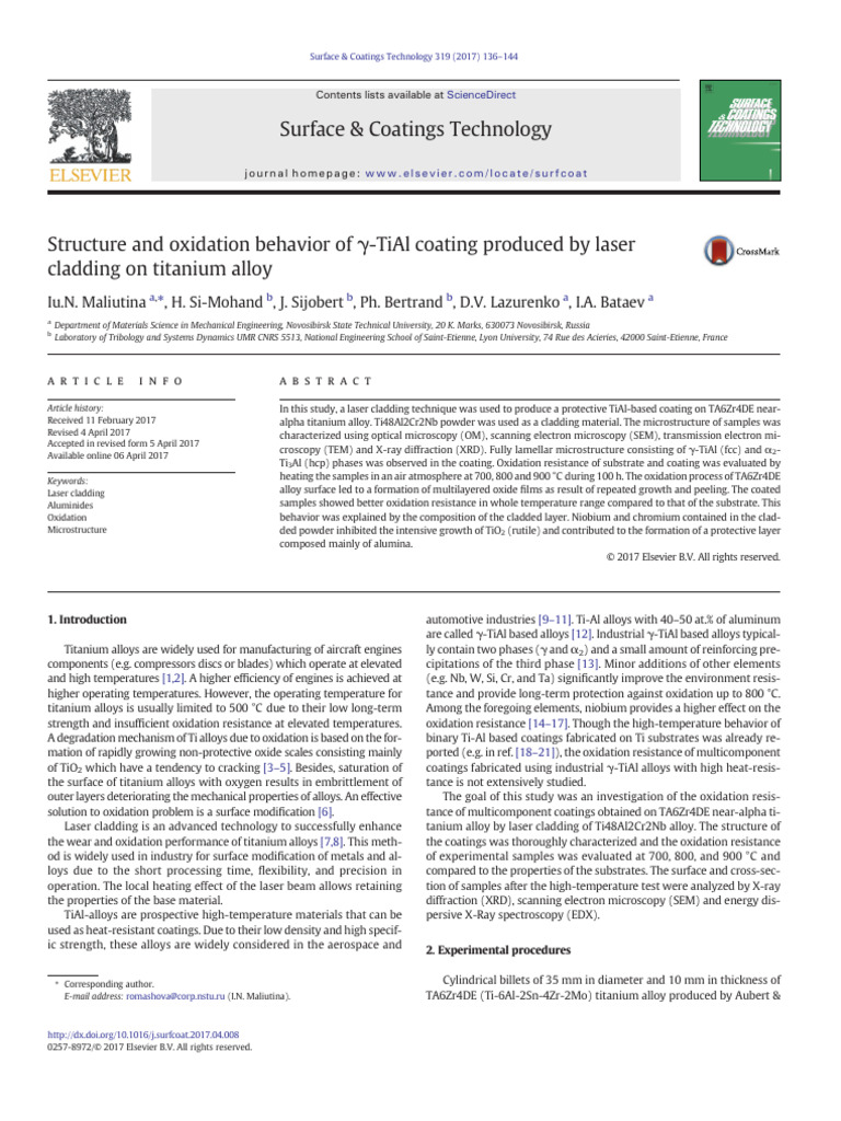 Structure and oxidation behavior of γ-TiAl coating produced by laser cladding on titanium alloy ...