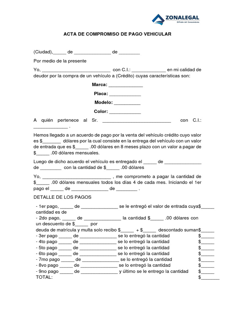 Acta de Compromiso de Pago Vehicular | PDF | Dinero | Deuda