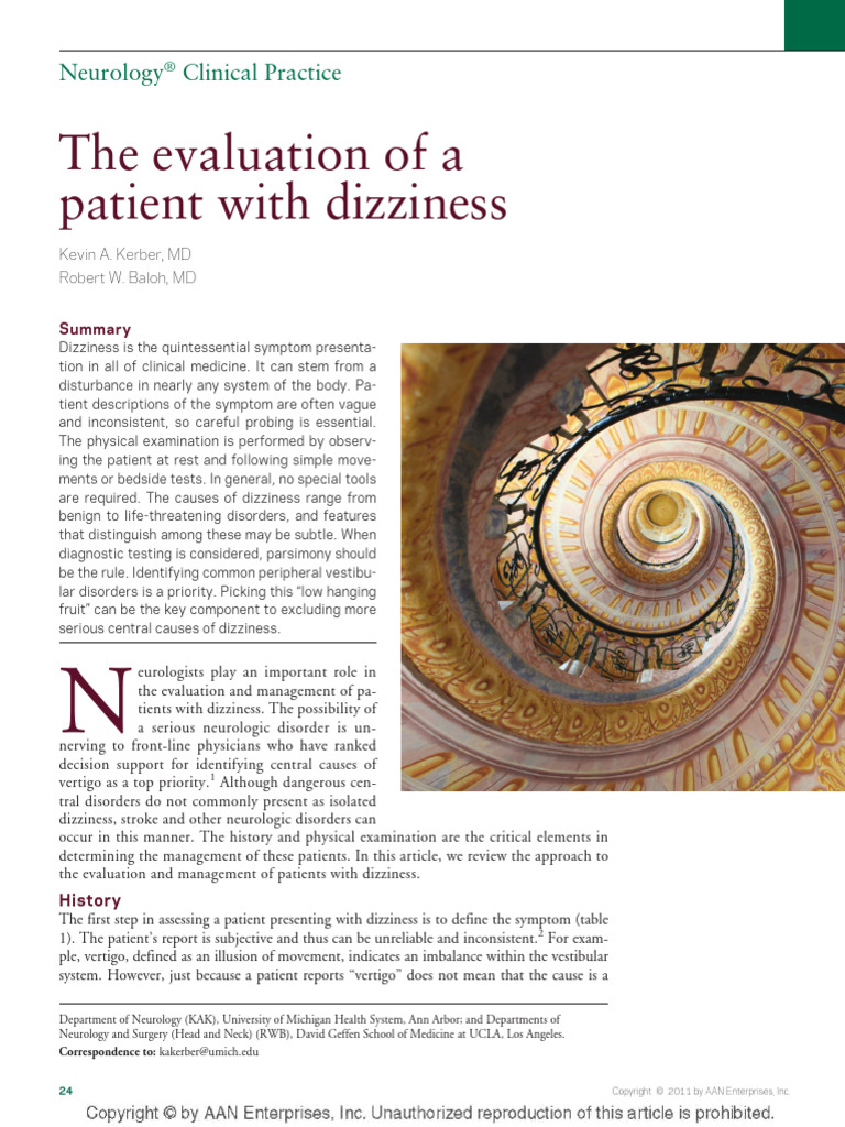 The Evaluation of A Patient With Dizziness - Full | PDF | Vertigo ...