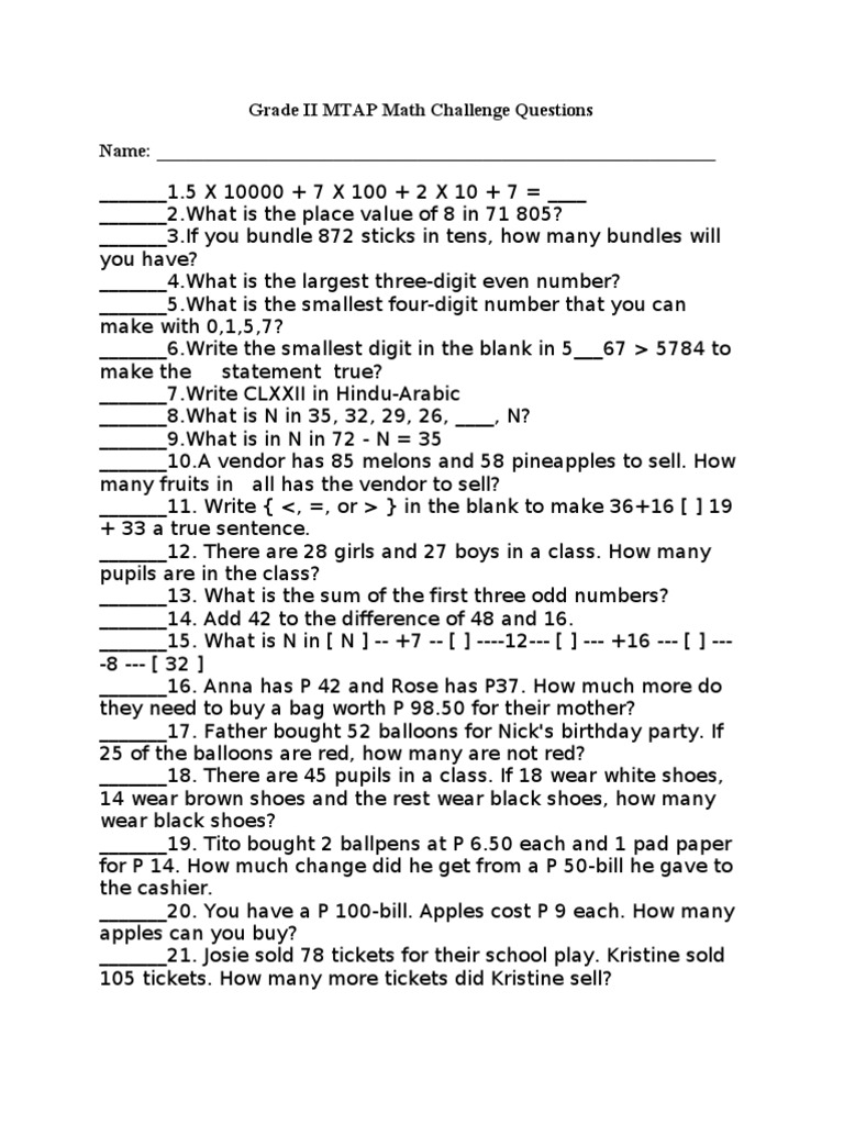 Grade 2 MTAP Math Challenge Questions | PDF | Teaching Mathematics ...