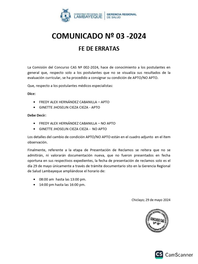 Comunicado N 003 2024 Fe de Erratas | PDF | Politica social | Servicios públicos