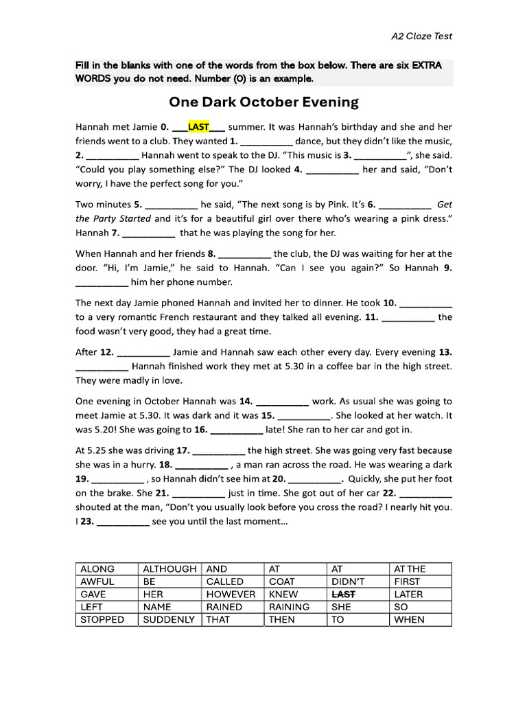 A2 Cloze October Evening | PDF