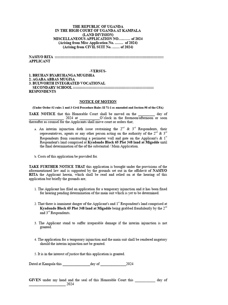 Uganda High Court Interim Injunction Application | PDF | Civil Law ...