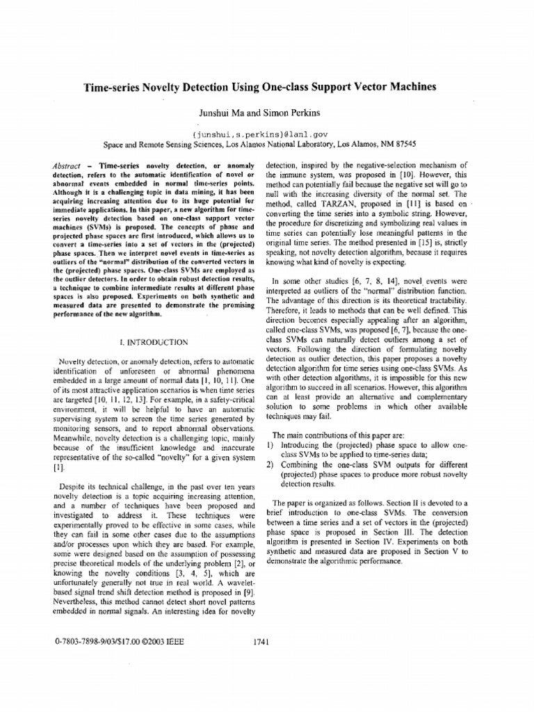 Timeseries Novelty Detection Using Oneclass Support Vector Machi Pdf Support Vector Machine