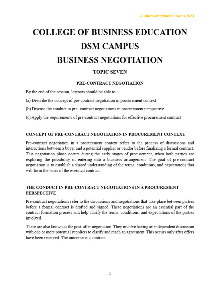 Business Negotiation, Topic 7 | PDF | Negotiation | Procurement