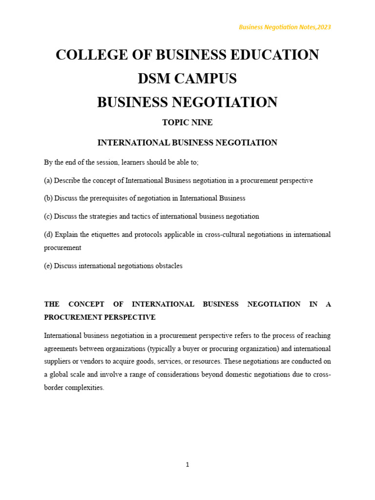 Business Negotiation, Topic 9 | PDF | Negotiation | Procurement