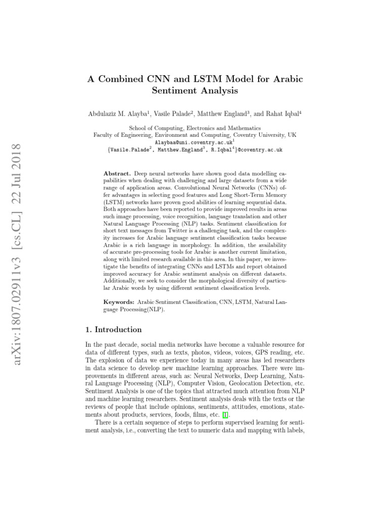 A Combined CNN and LSTM Model For Arabic Sentiment Analysis | PDF | Deep Learning | Artificial ...