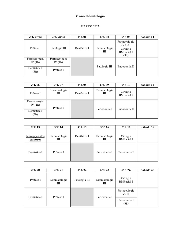 Grade Horaria Odontologia 3o Ano 2023 | PDF | Odontologia | Sistema de saúde