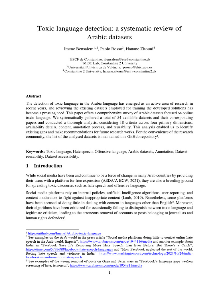 Toxic Language Detection A Systematic Review of Arabic Datasets | PDF ...