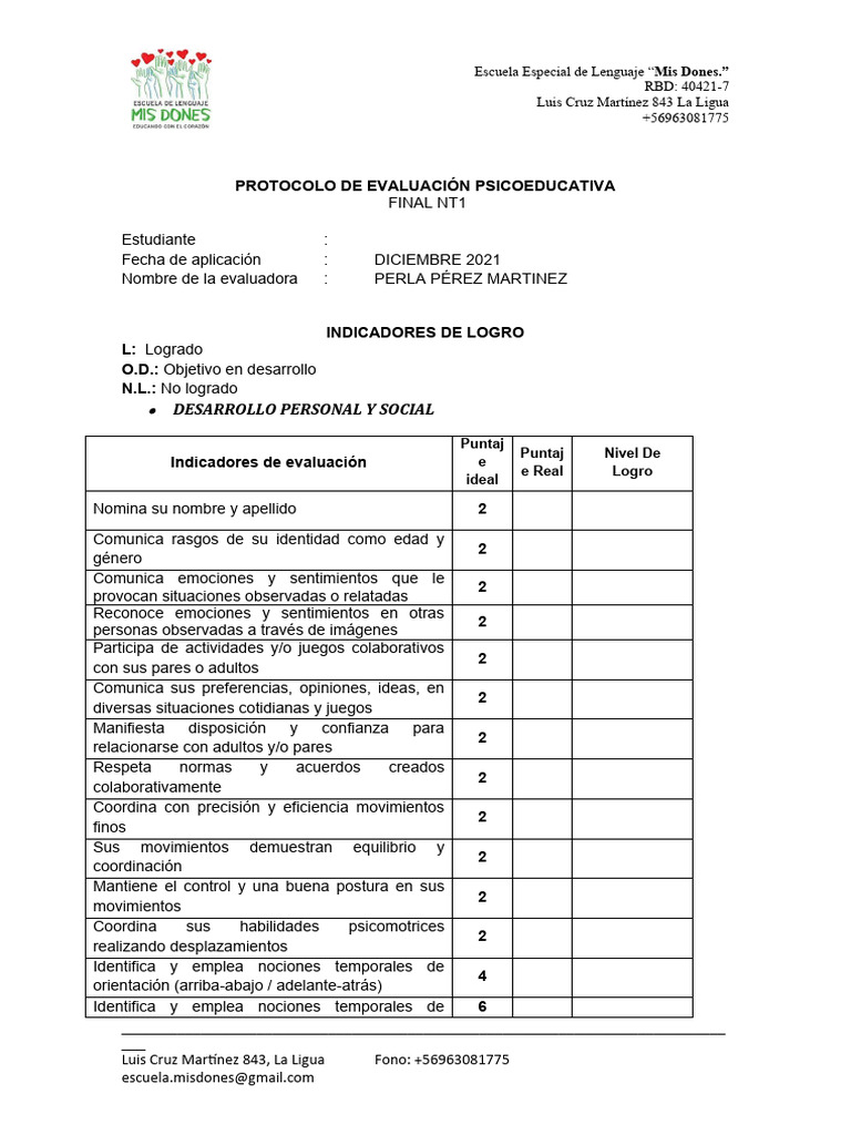 Protocolo de Evaluacion PSICOEDUCATIVA NT1 2021 | PDF | Cognición ...