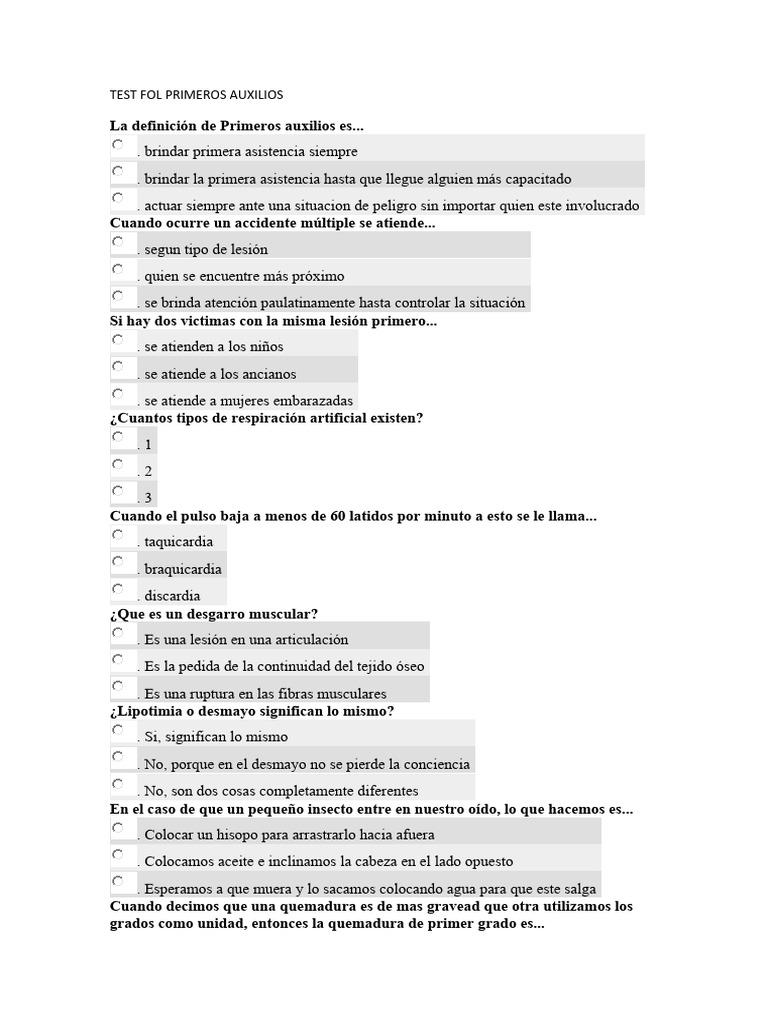 Test Fol Primeros Auxilios | PDF | Primeros auxilios | Quemar