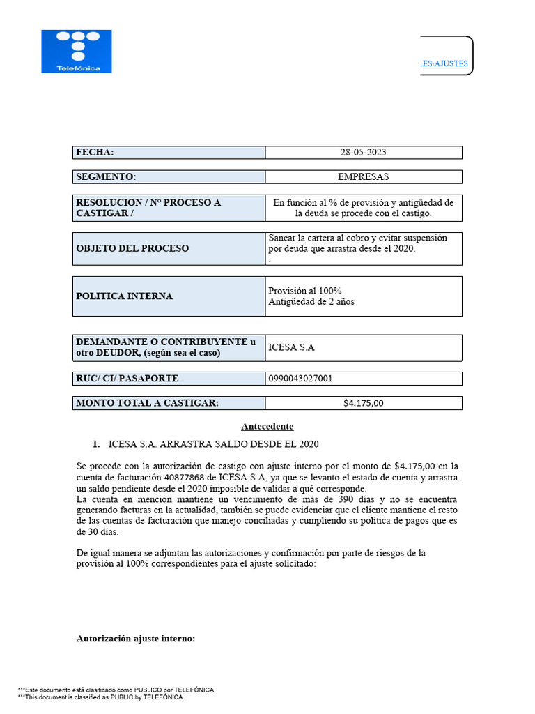 Acta de Castigo ICESA S.A | PDF