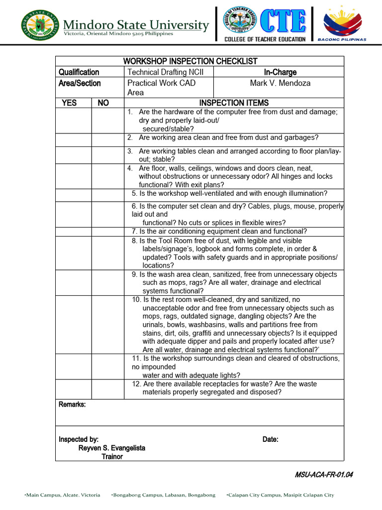 9 Work Shop Inspection Checklist | PDF