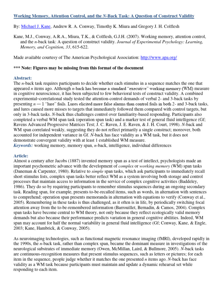 M Kane WorkingMemory 2007 | PDF | Validity (Statistics) | Working Memory