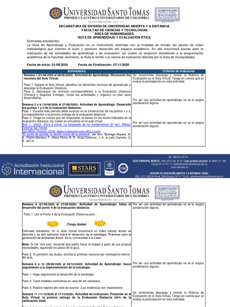 Ruta De Aprendizaje Y Evaluación Evaluación Distancia 2020 2 Pdf