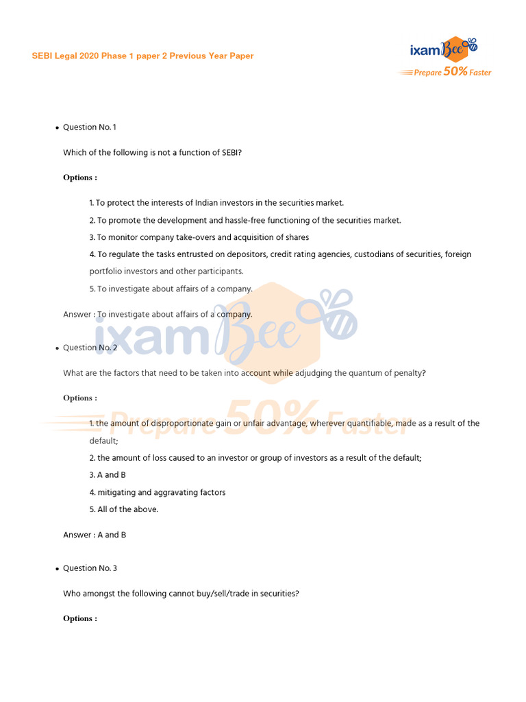 SEBI Legal 2020 Phase 1 Paper 2 Previous Year Paper | PDF | Government ...