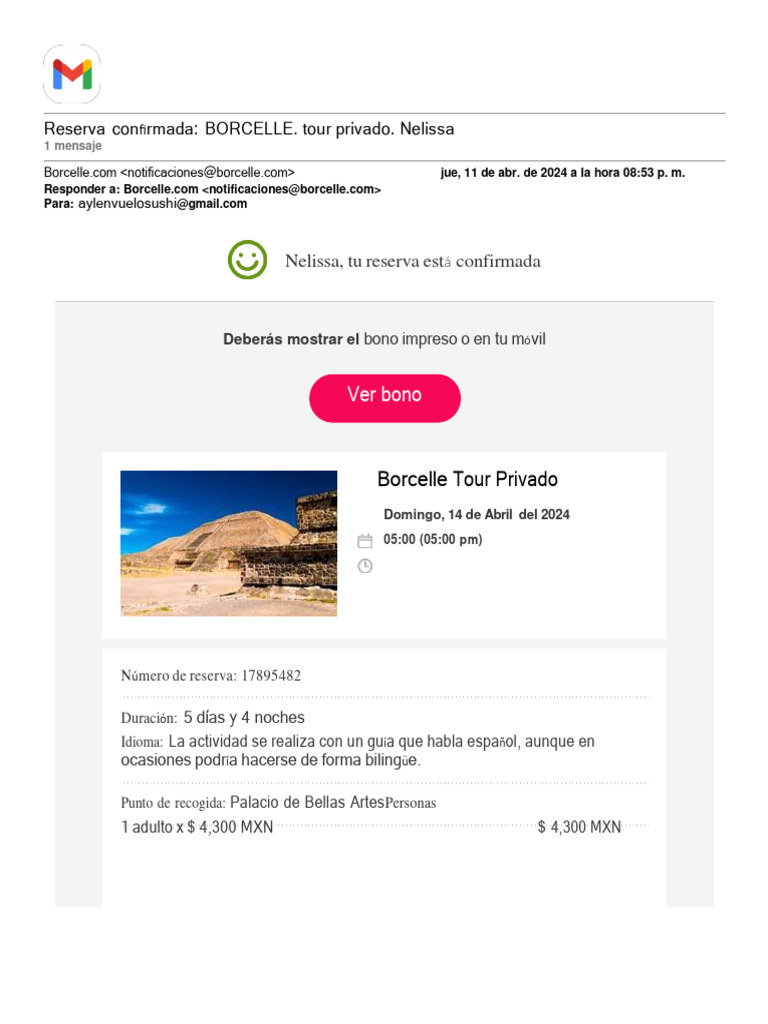 Confirmación Tour Privado Borcelle | PDF